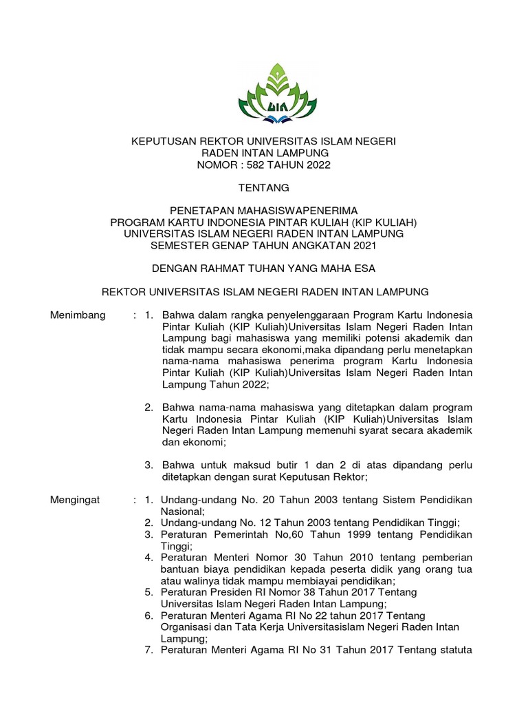 SK REKTOR Penetapan Beasiswa KIP Kuliah 2021 BARUUU | PDF