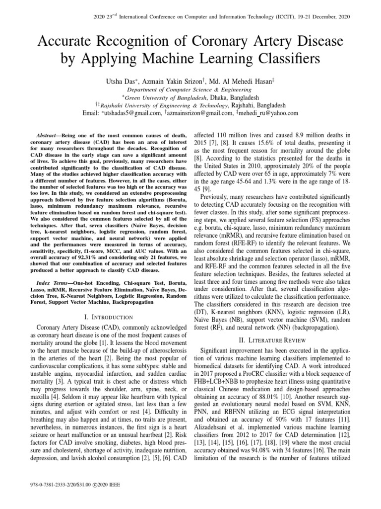 Accurate Recognition of Coronary Artery Disease by Applying Machine ... Accurate Recognition of Coronary Artery Disease by Applying Machine ...