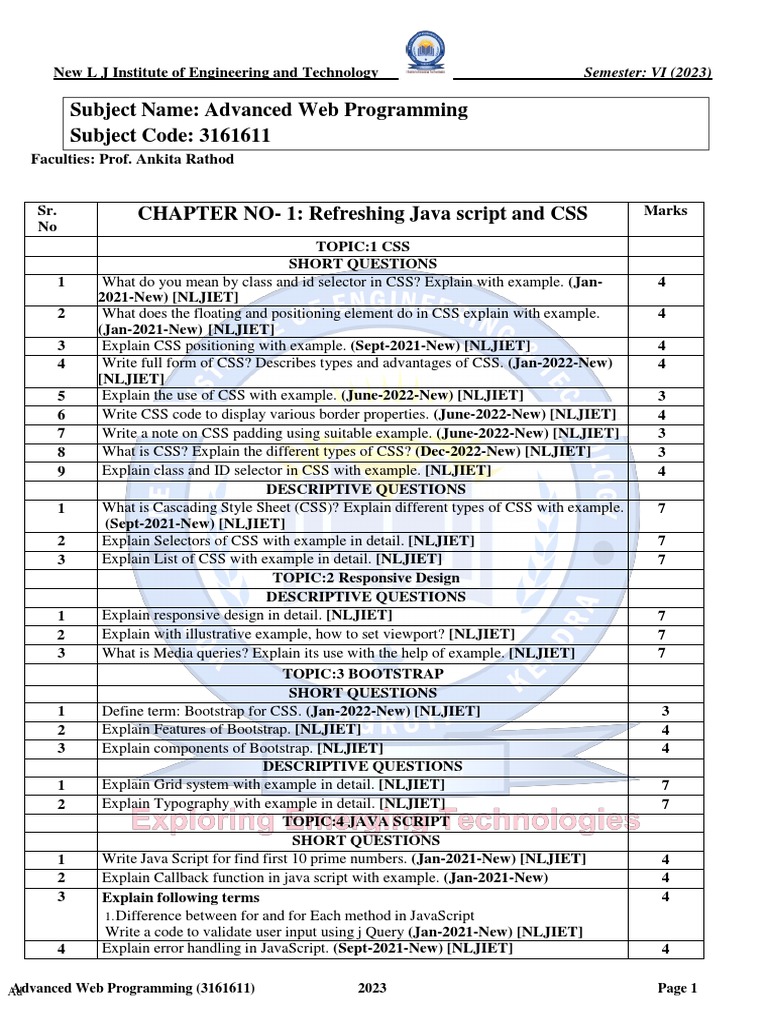 6 - QB - Advanced Web Programming - SEM-6 - IT - 2023-Even PDF | PDF ...