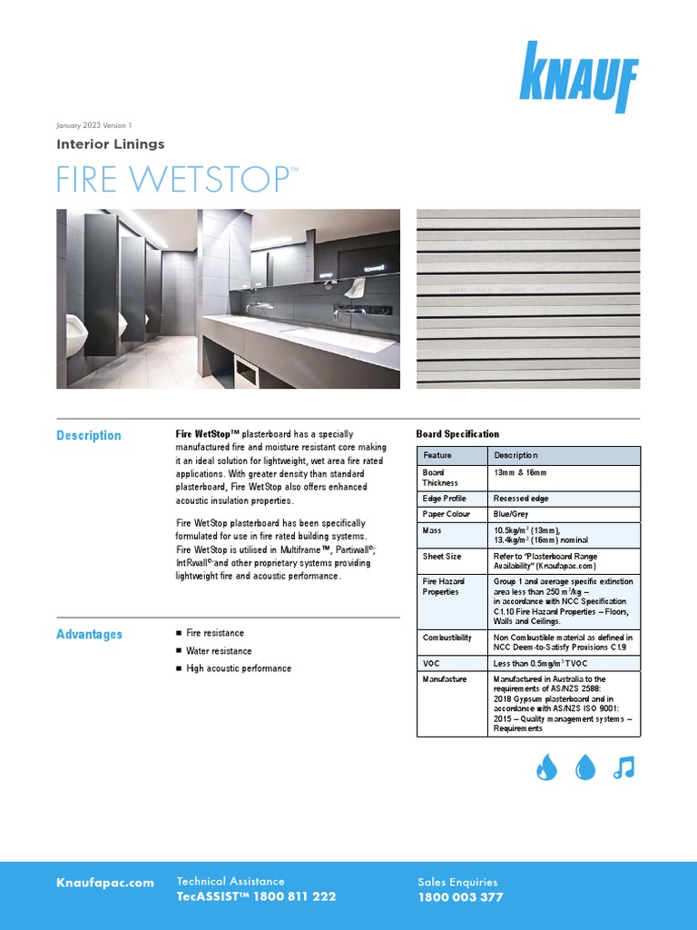 Knauf Sheetrock Fire Wetstop 13mm-16mm - Technical Datasheet - Australia | PDF | Drywall | Life ...