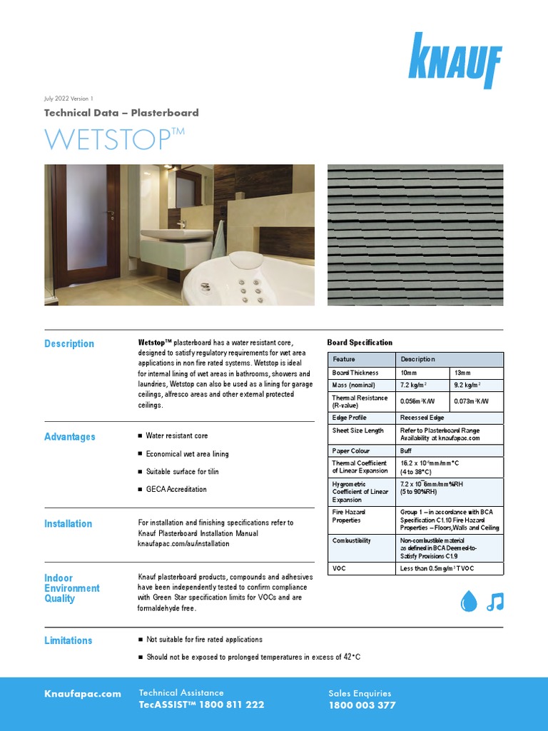 Knauf Sheetrock Wetstop 10mm-13mm - Technical Datasheet - Australia | PDF | Drywall | Life Cycle ...