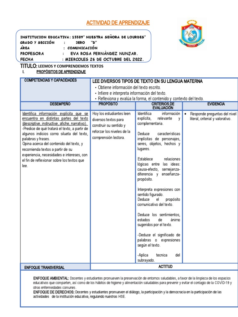 Sesion Leemos y Comprendemos Textos | PDF | Comprensión lectora | Aprendizaje