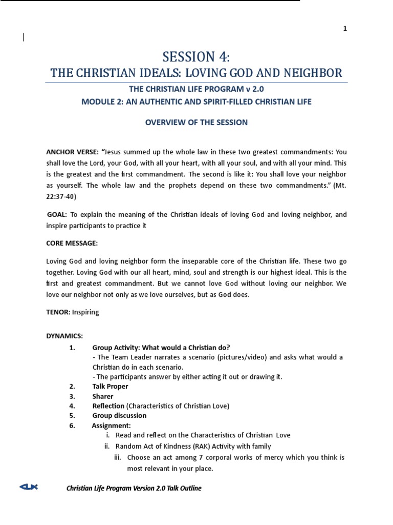 CLP v2.0 - Session 4 The Christian Ideals Loving God and Neighbor | PDF ...