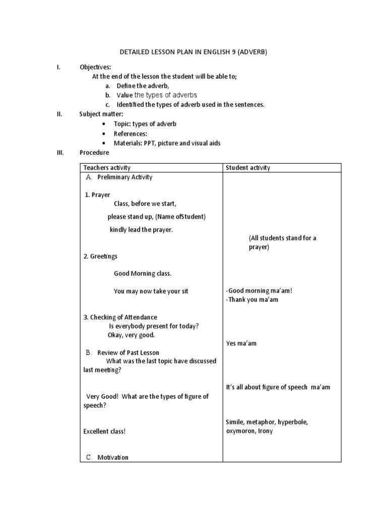 English 9 Lesson Plan: Adverbs Explained | PDF | Adverb | Verb