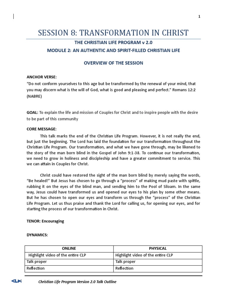 CLP v2.0 - Session 8 Transformation in Christ | PDF | Jesus | Disciple ...