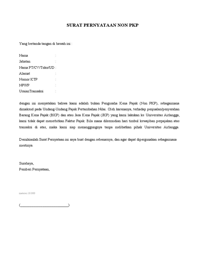 Surat Pernyataan Non PKP | PDF