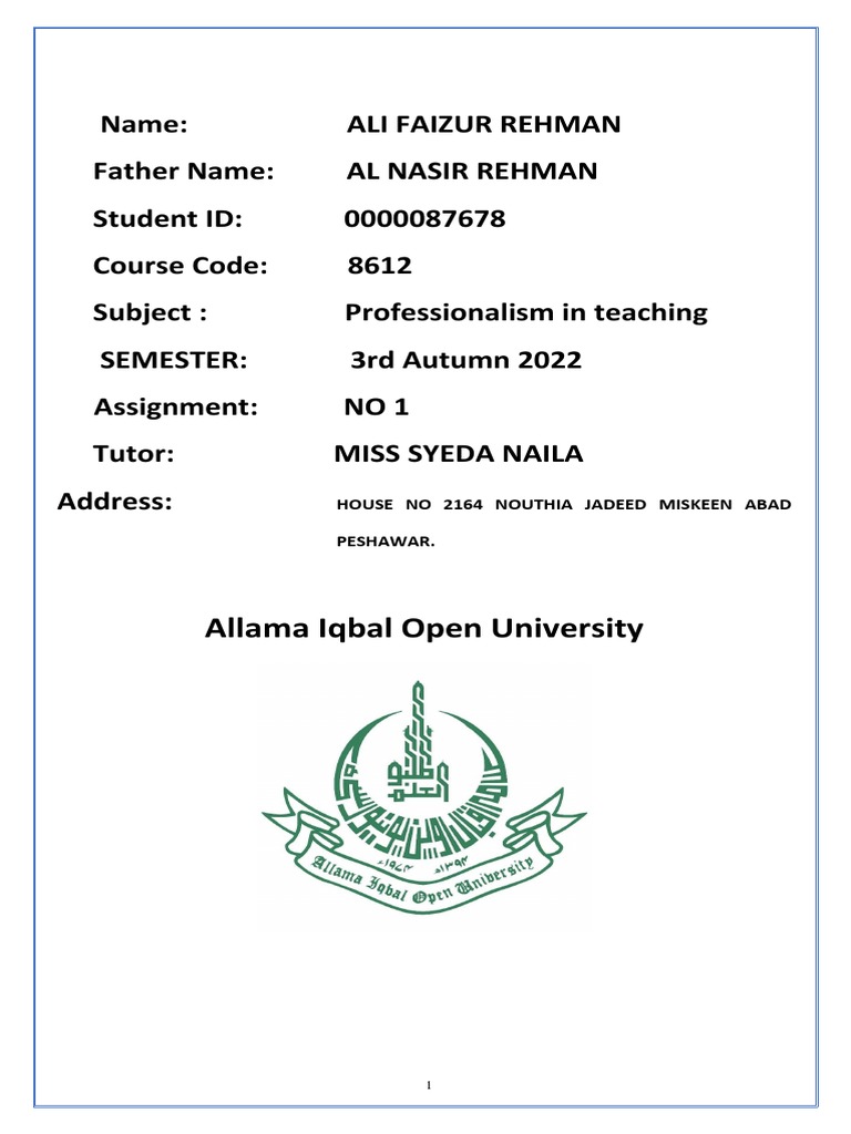 8612 Assignment 1 Ali Faizur Rehman | PDF | Teachers | Communication