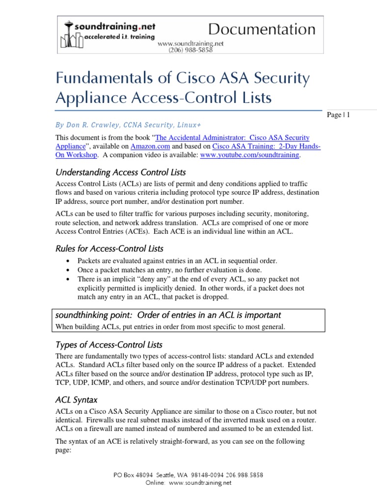 Fundamentals of Cisco ASA Security Appliance Access-Control Lists | PDF | Internet Protocols ...