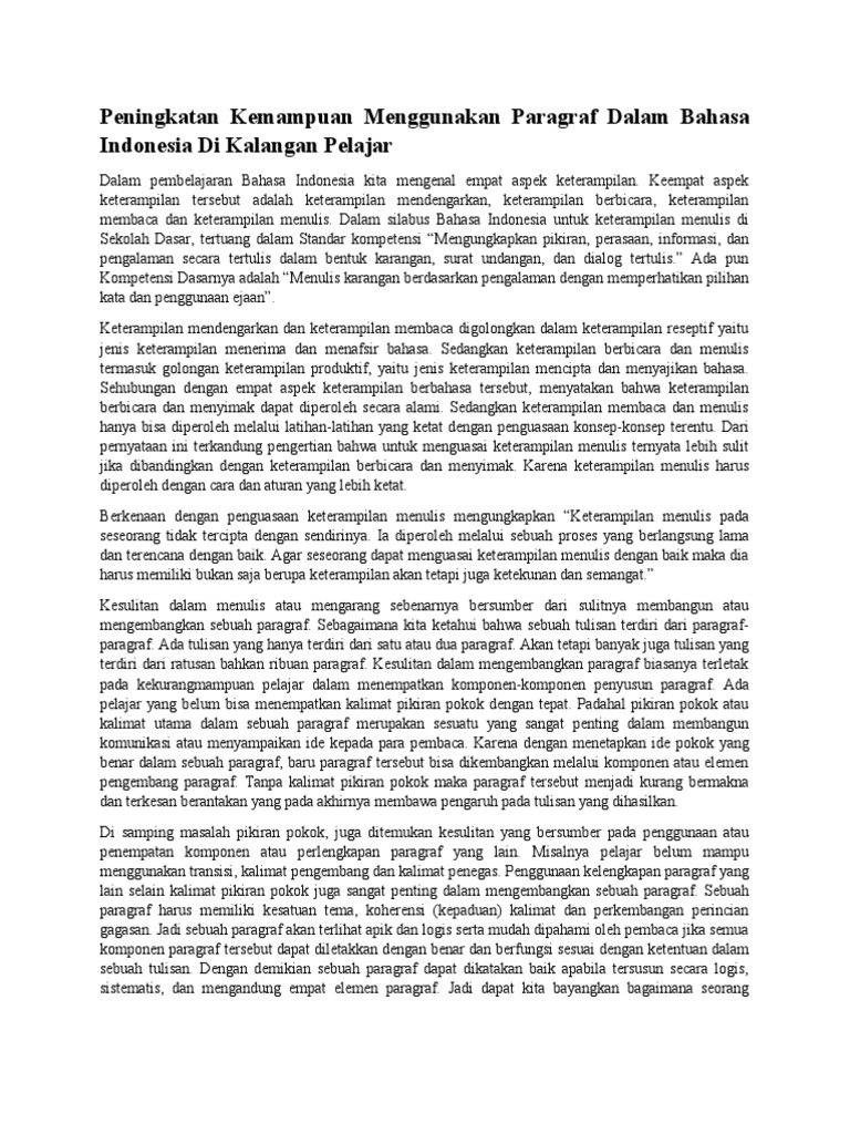 Peningkatan Kemampuan Menggunakan Paragraf Dalam Bahasa Indonesia Di Kalangan Pelajar | PDF