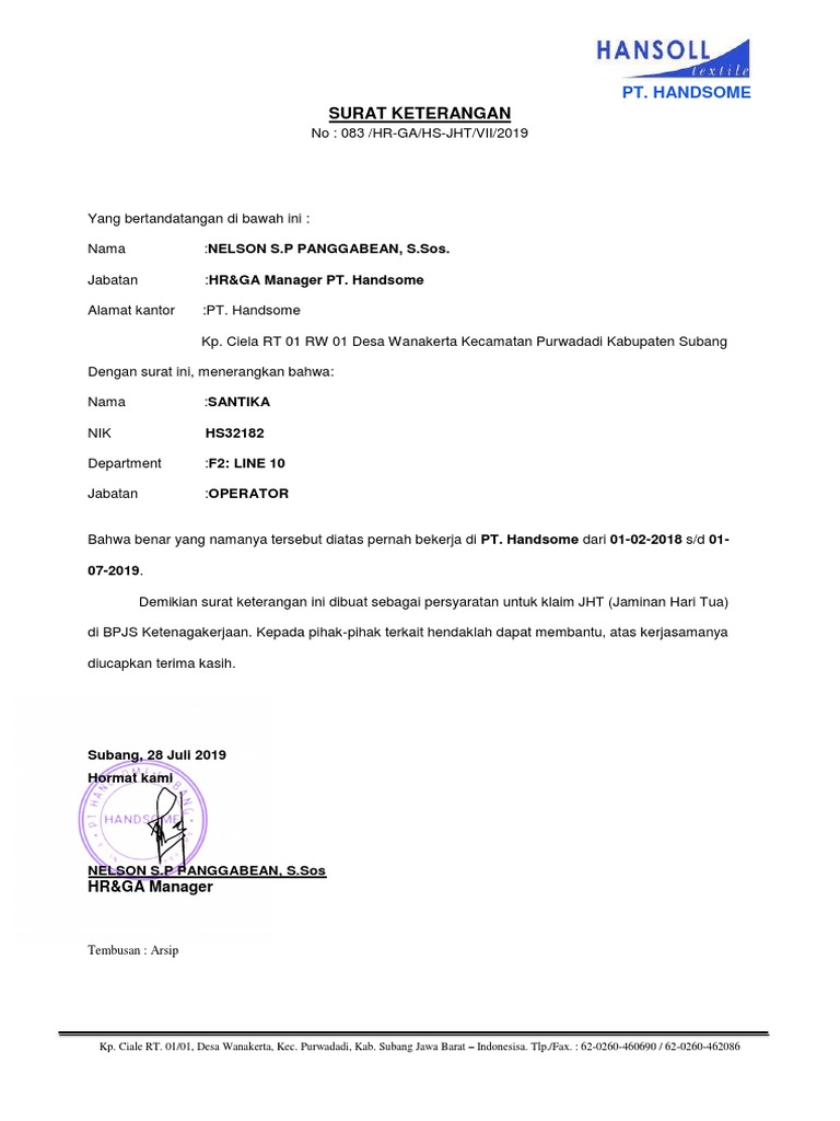 Surat Keterangan: Pt. Handsome | PDF