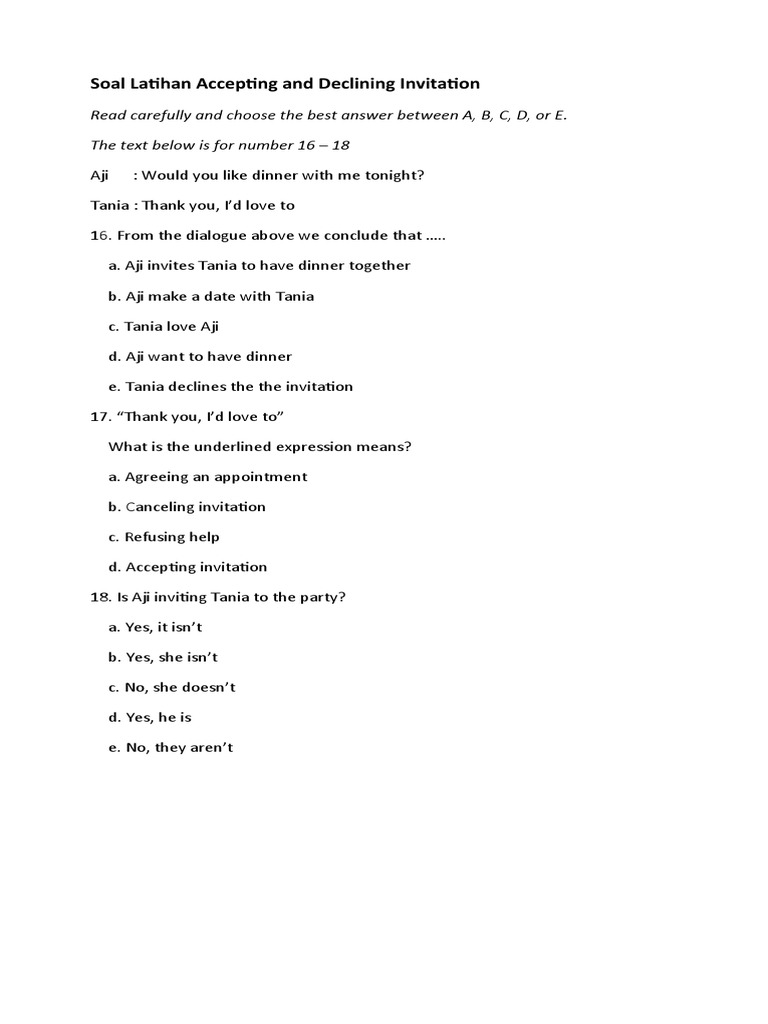 Soal Latihan Accepting and Declining Invitation | PDF