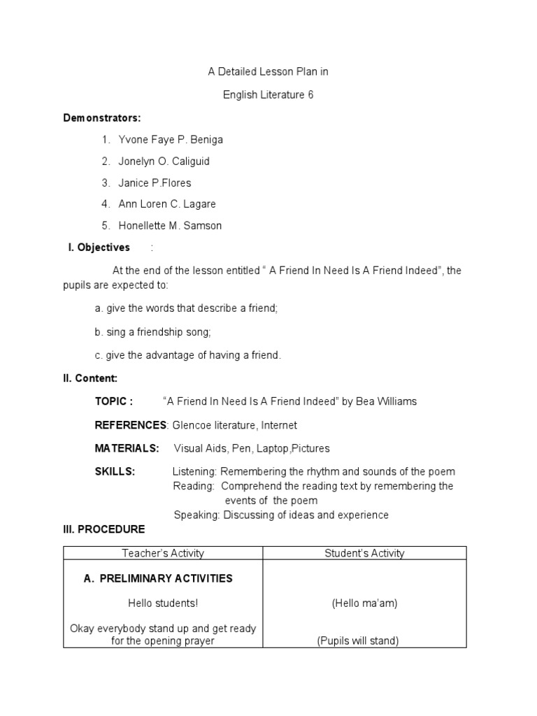 A Detailed Lesson Plan. | PDF | Lord's Prayer