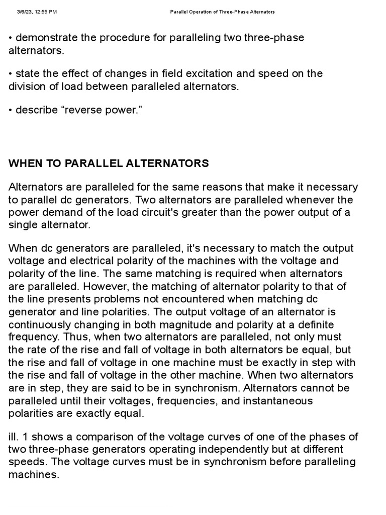 Parallel Operation of Three-Phase Alternators | PDF | Electric ...