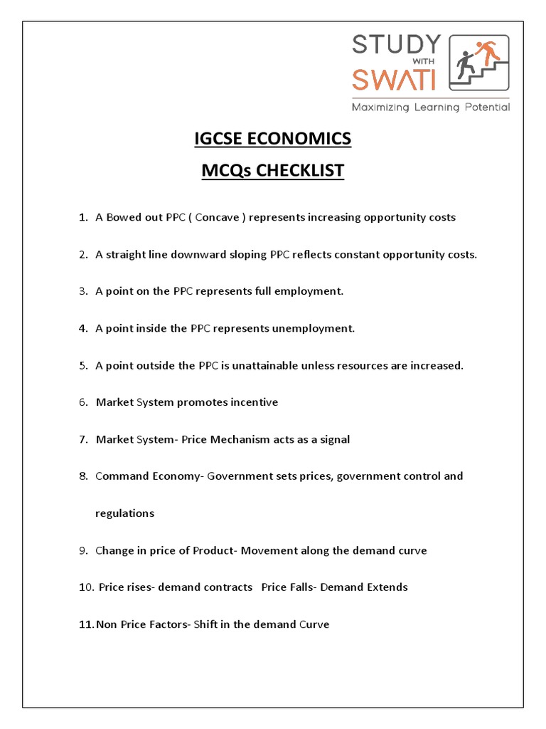 IGCSE MCQ Checklist | PDF | Demand | Demand Curve