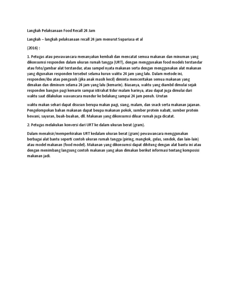 Langkah Pelaksanaan Food Recall 24 Jam | PDF