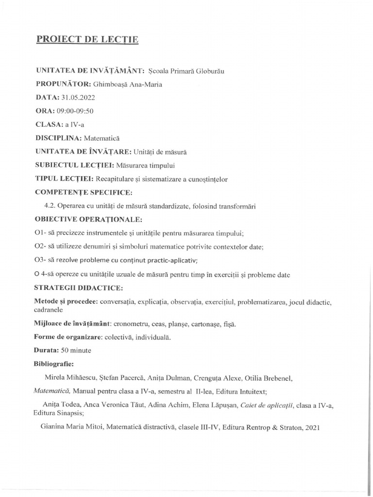 Proiect de Lectie - Masurarea Timpului PDF | PDF