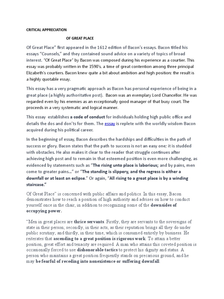 CRITICAL APPRECIATIO1 of Great Place | PDF | Francis Bacon | Thought