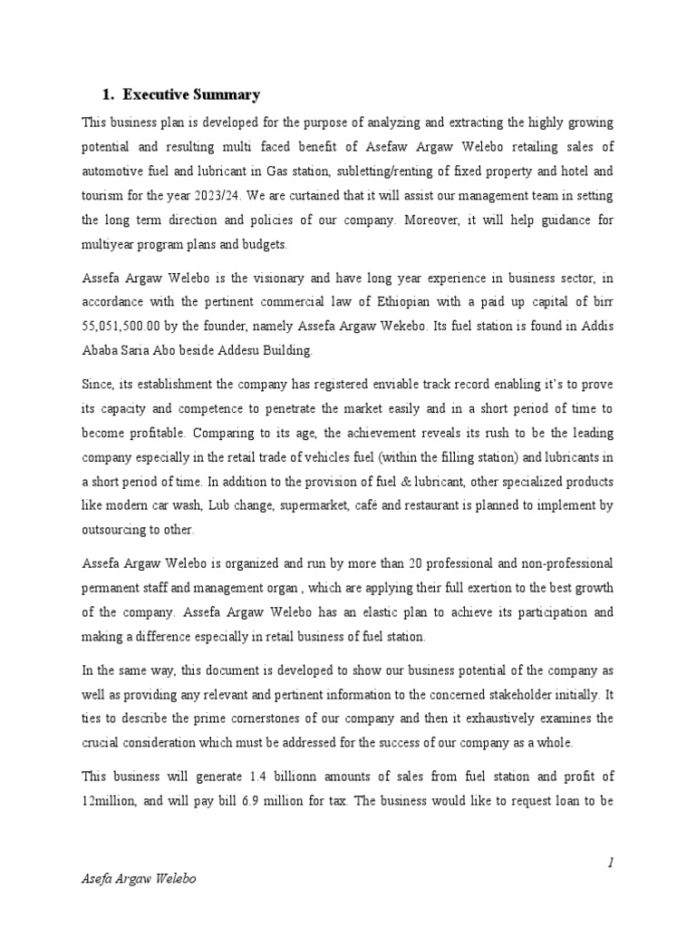 Assefa Aregaw Business Plan | PDF | Petroleum | Cost Of Goods Sold