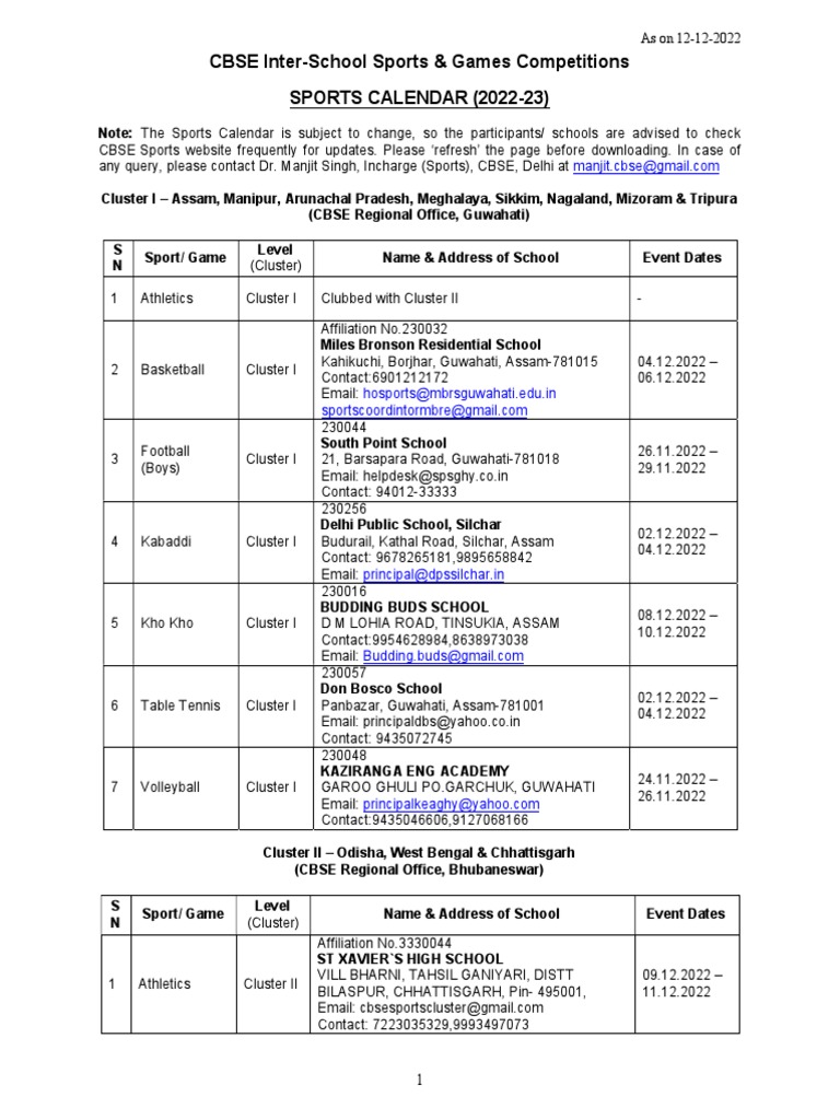 CBSE Cluster Games Schedule 2022-23 | PDF