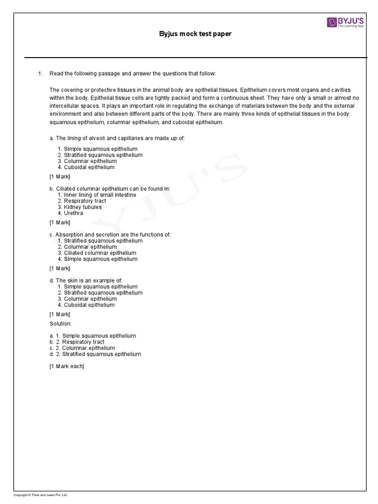 BYJU'S Subjective Mock Paper Discussion | PDF | Epithelium | Cell (Biology)