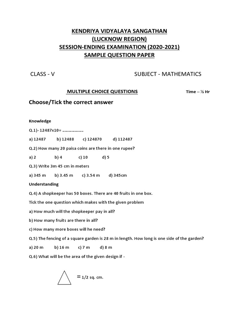 Class-V, Maths Sample Paper-1 PDF | PDF | Area | Length