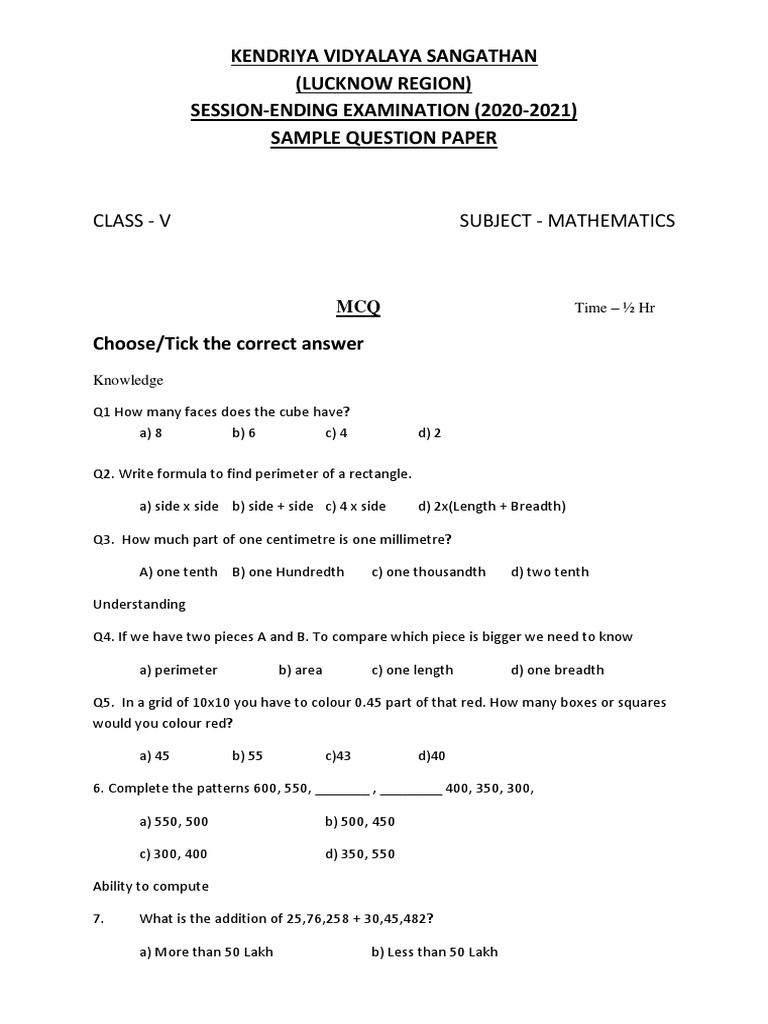 Class-V, Maths Sample Paper-2 PDF | PDF | Rupee | Area