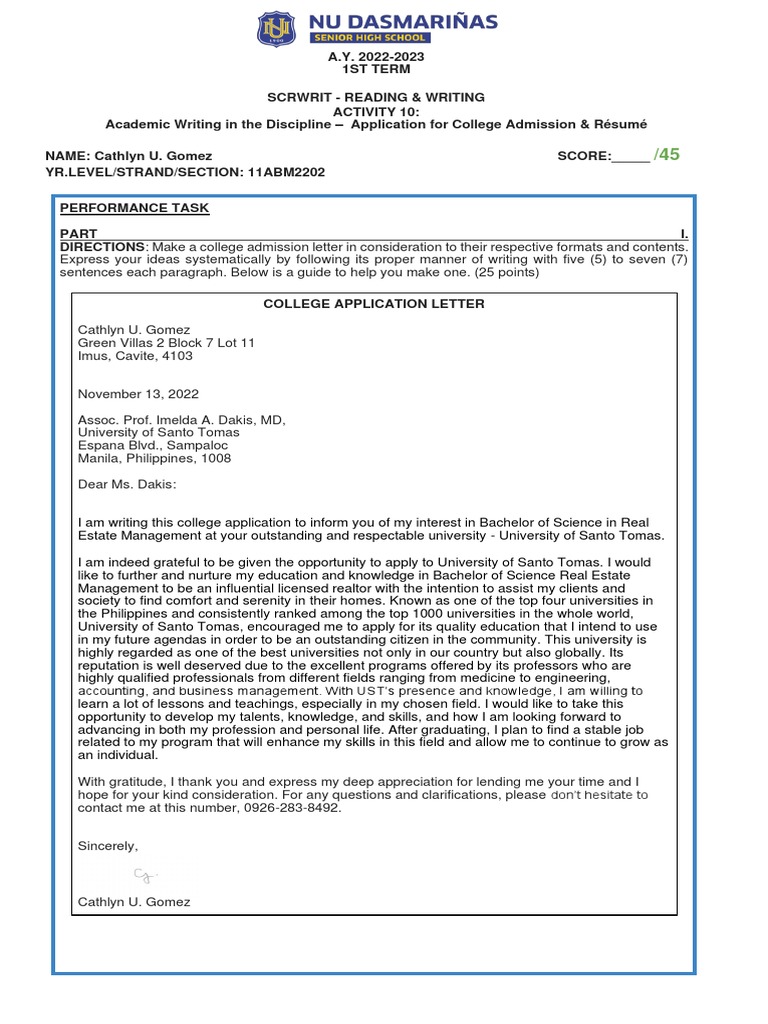 RW ACTIVITY 10 College Application Letter PDF | PDF | Grammar | Linguistics