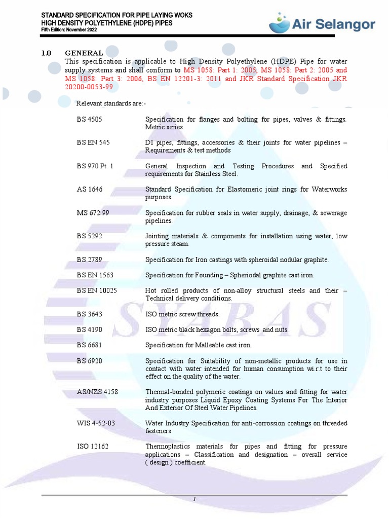 SPEC FOR HDPE PIPE LAYING | PDF | Pipe (Fluid Conveyance) | Polyethylene