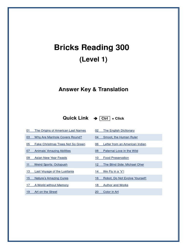 Bricks Reading 300 - L1 - SB - Answer Key PDF | PDF