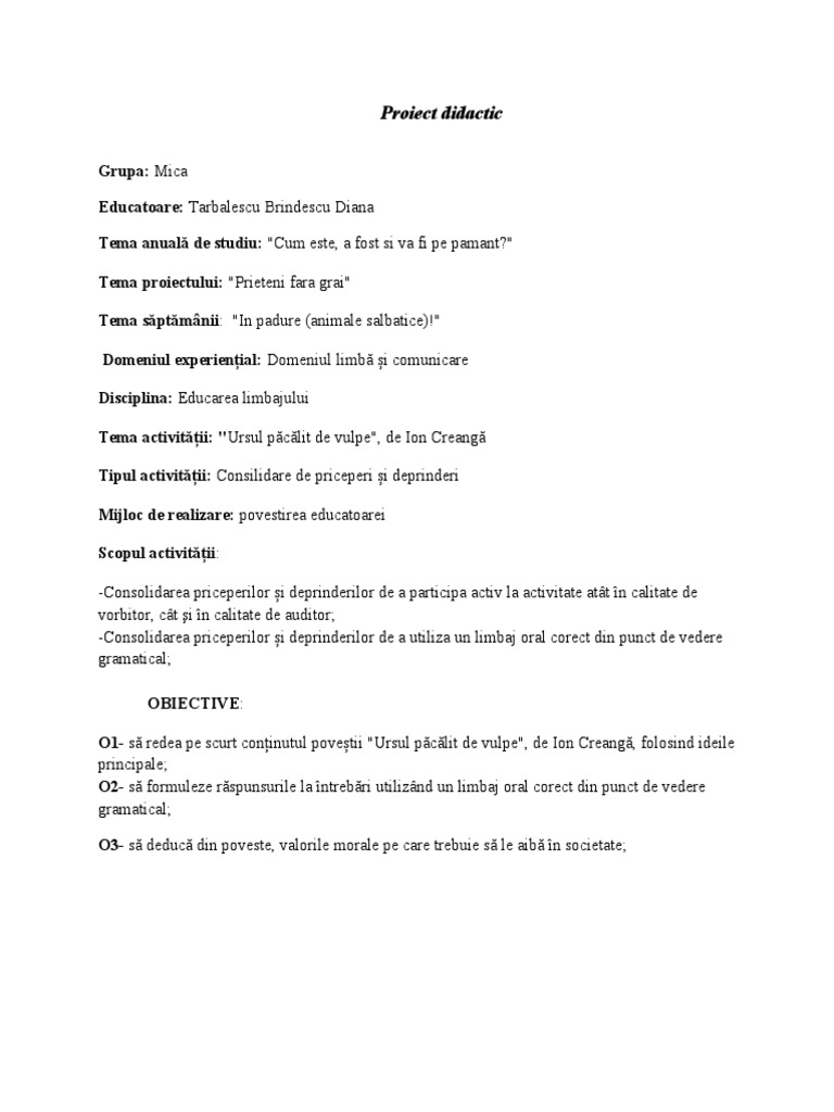 Proiect Didactic DLC Animale Salbatice | PDF