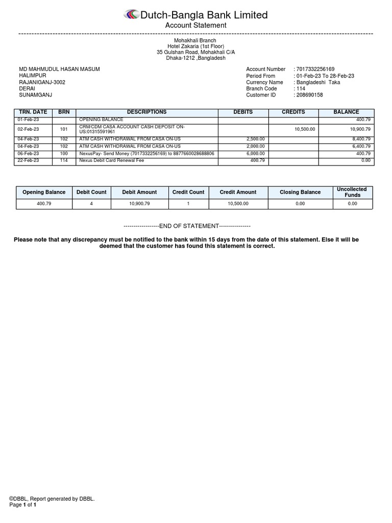 Dutch-Bangla Bank Limited: Account Statement | PDF | Debit Card ...