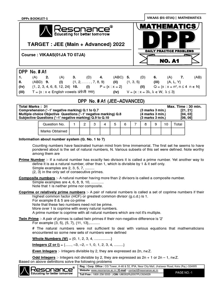 DPP Module-1 DPP No. A1 To A18 Answer, Hints - Solutions PDF | Download Free PDF | Numbers ...