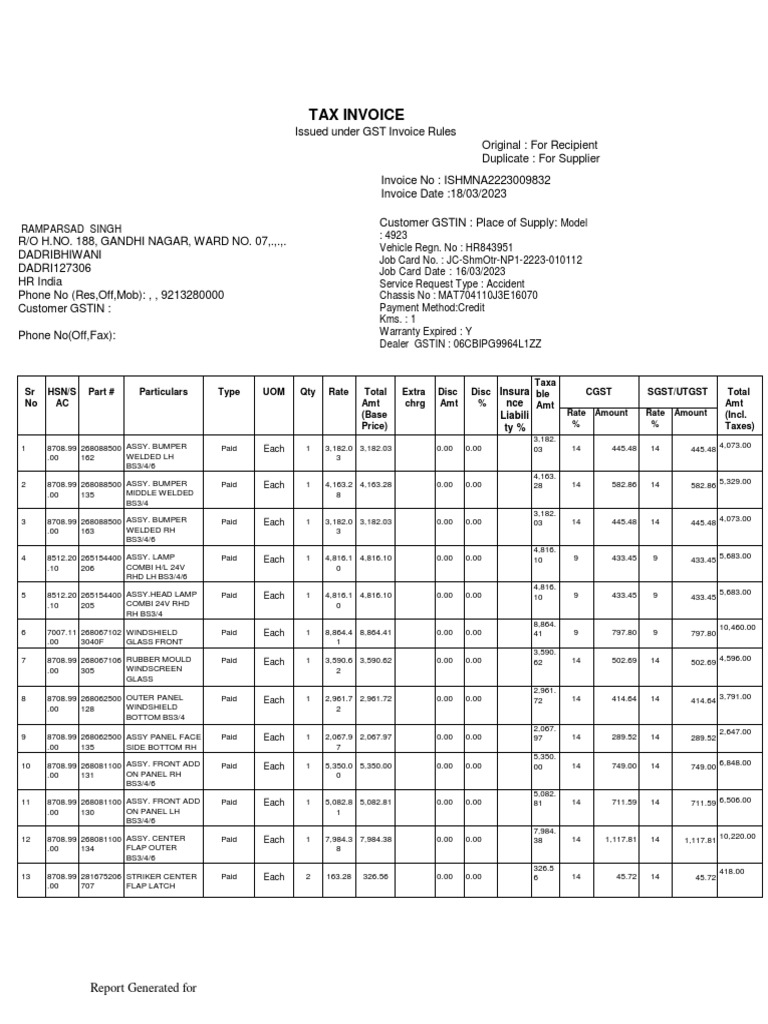 Tax Invoice hr843951 PKJJ PDF | PDF | Vehicles | Motor Vehicle