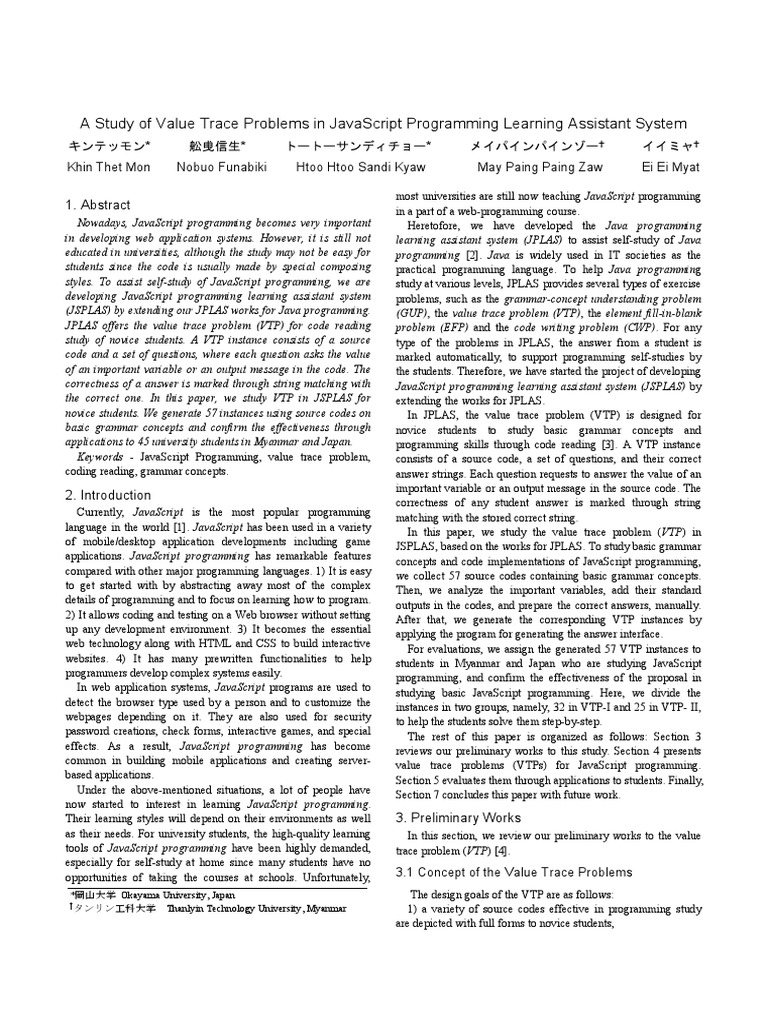 A Study of Value Trace Problems in JavaScript Programming Learning ... A Study of Value Trace Problems in JavaScript Programming Learning ...