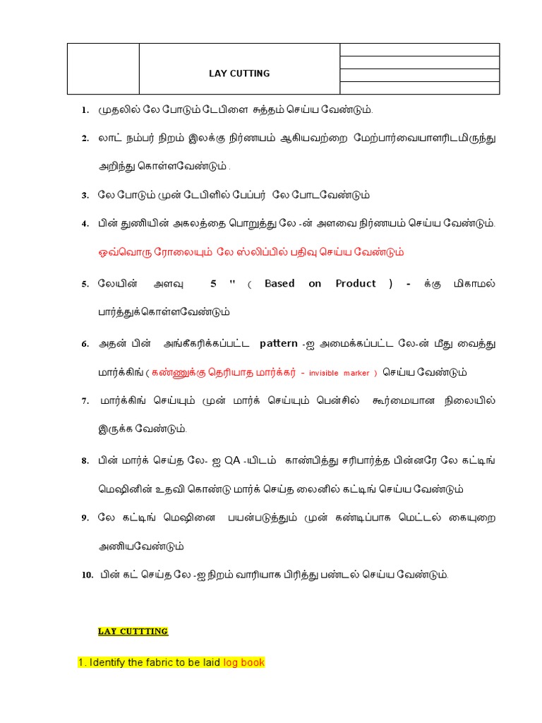 5+ Lay Cutting - Tamil | PDF