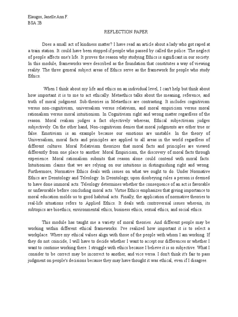 Reflection Paper Ethics | PDF | Philosophical Movements | Metaphilosophy