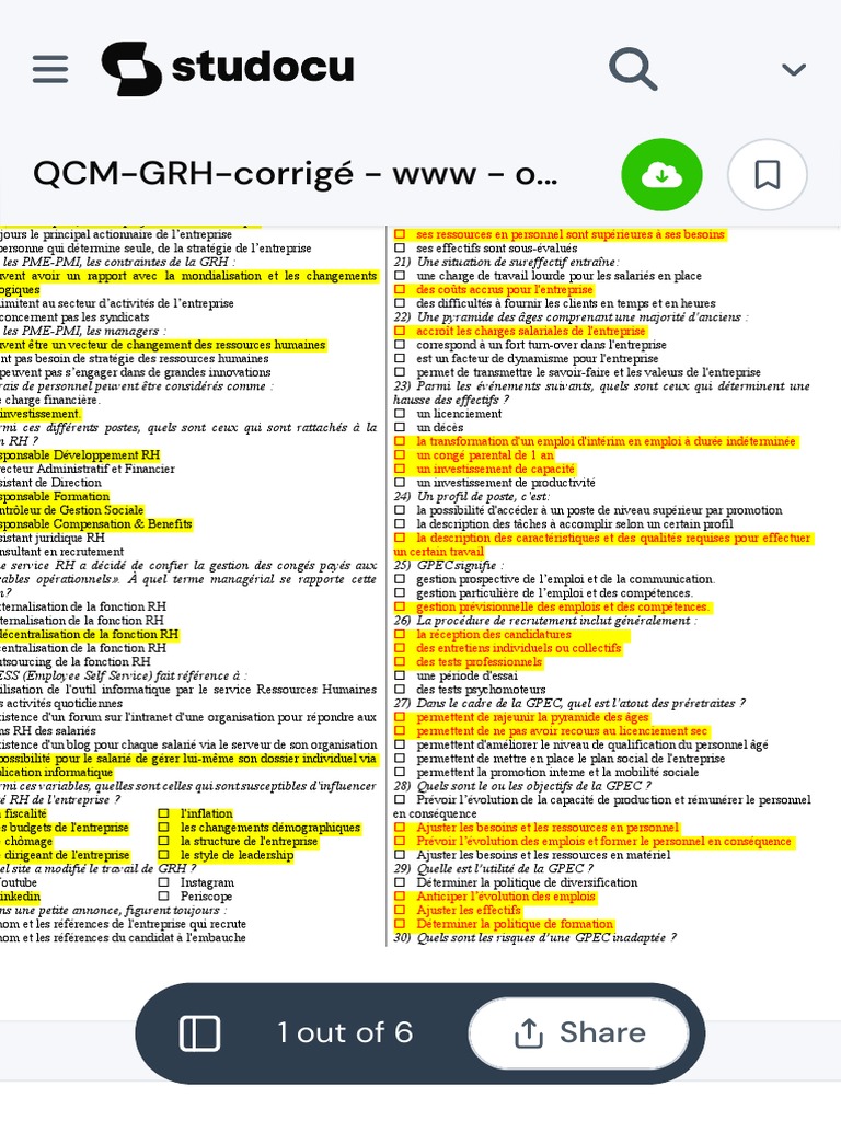 QCM-GRH-corrigé - WWW - Ompta - QCM en GRH 1) Qu'est-Ce Que La GRH L ...