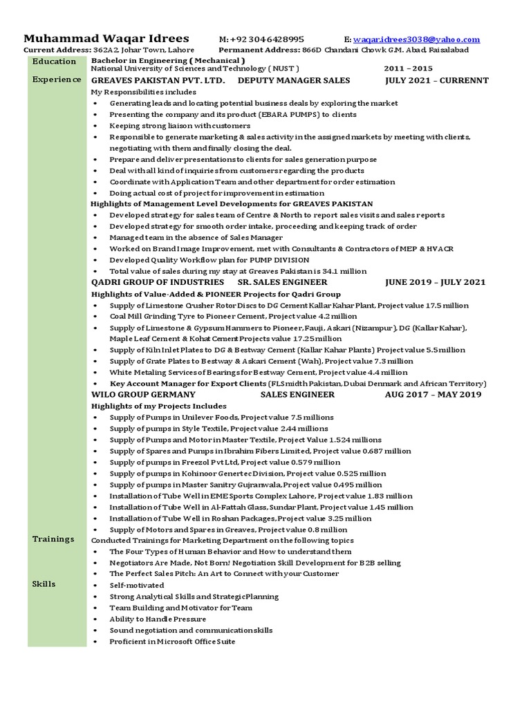 Resume Muhammad Waqar Idrees PDF | Download Free PDF | Sales | Business