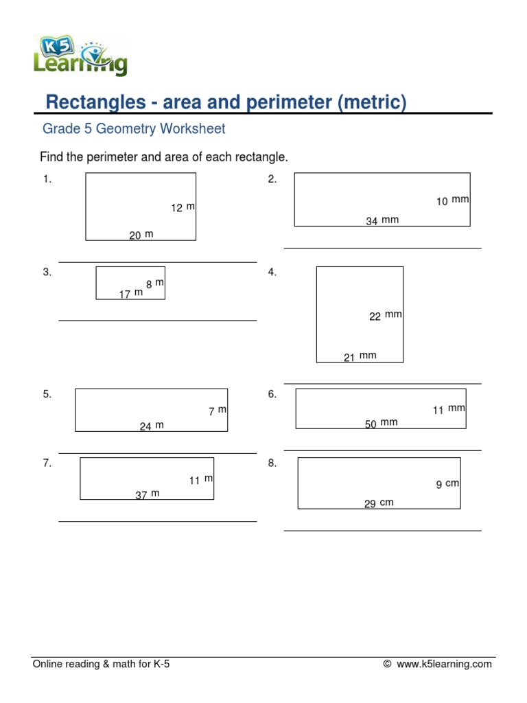 Grade 5 Geometry Rectangles Area Perimeter Metric A 1 2 | PDF