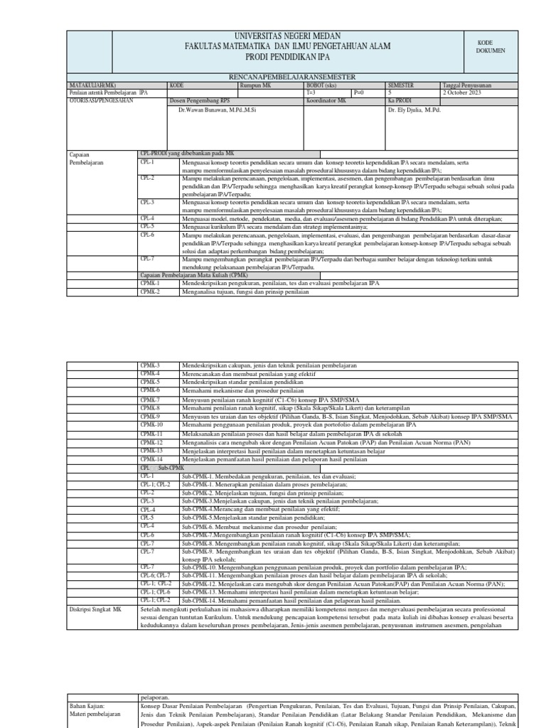 RPS Penilaian Autentik Pembelajaran IPA | PDF