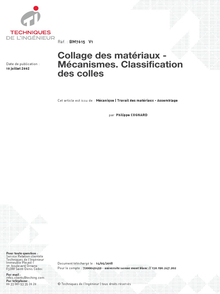 BM7615 Collage Des Matériaux - Mécanismes. Classification Des Colles ...
