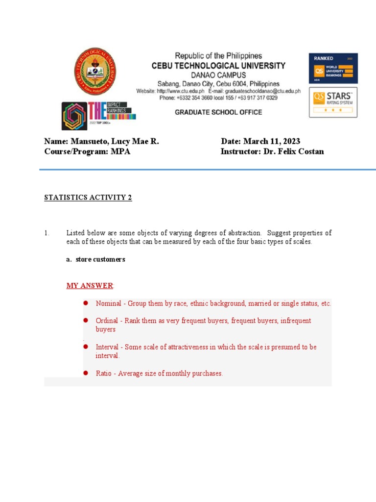 Mansueto, Lucy Mae R. (Statistics Activity #2) | PDF | Level Of ...