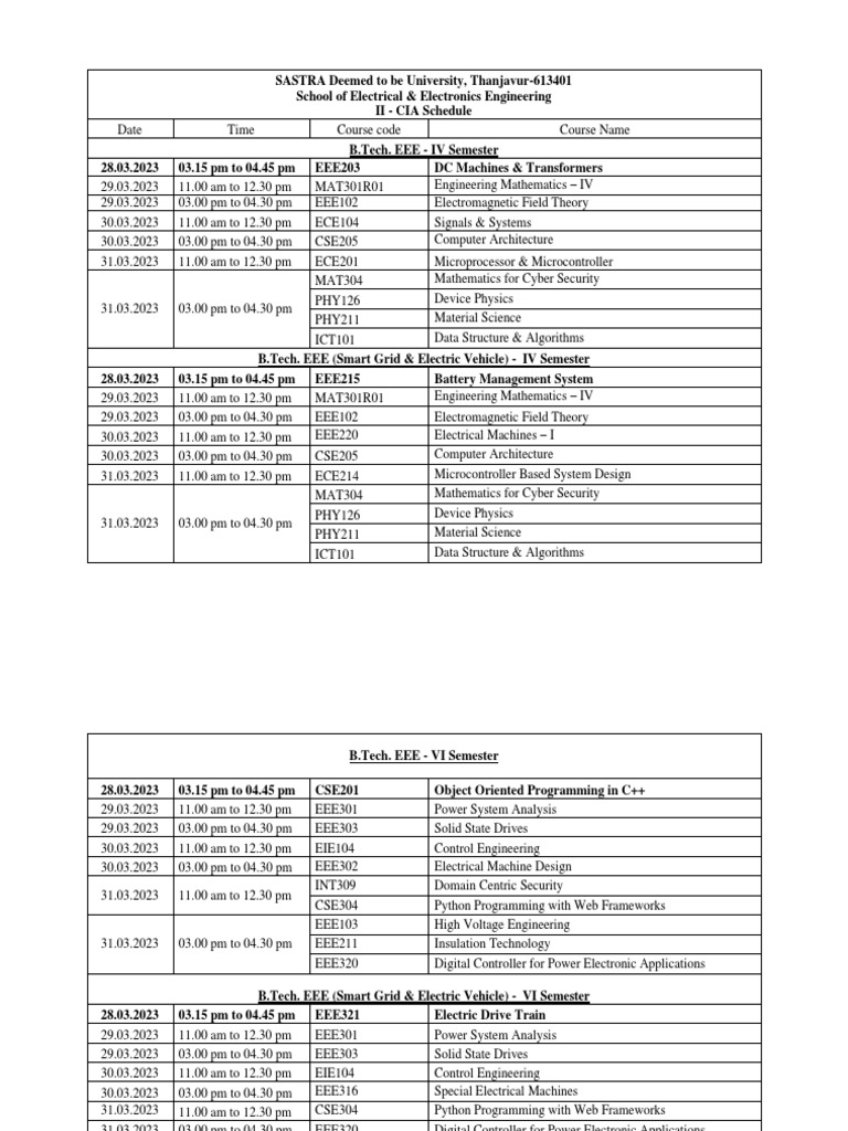 Exam Schedule CIA - 2 PDF | PDF | Electronic Engineering | Electrical Engineering