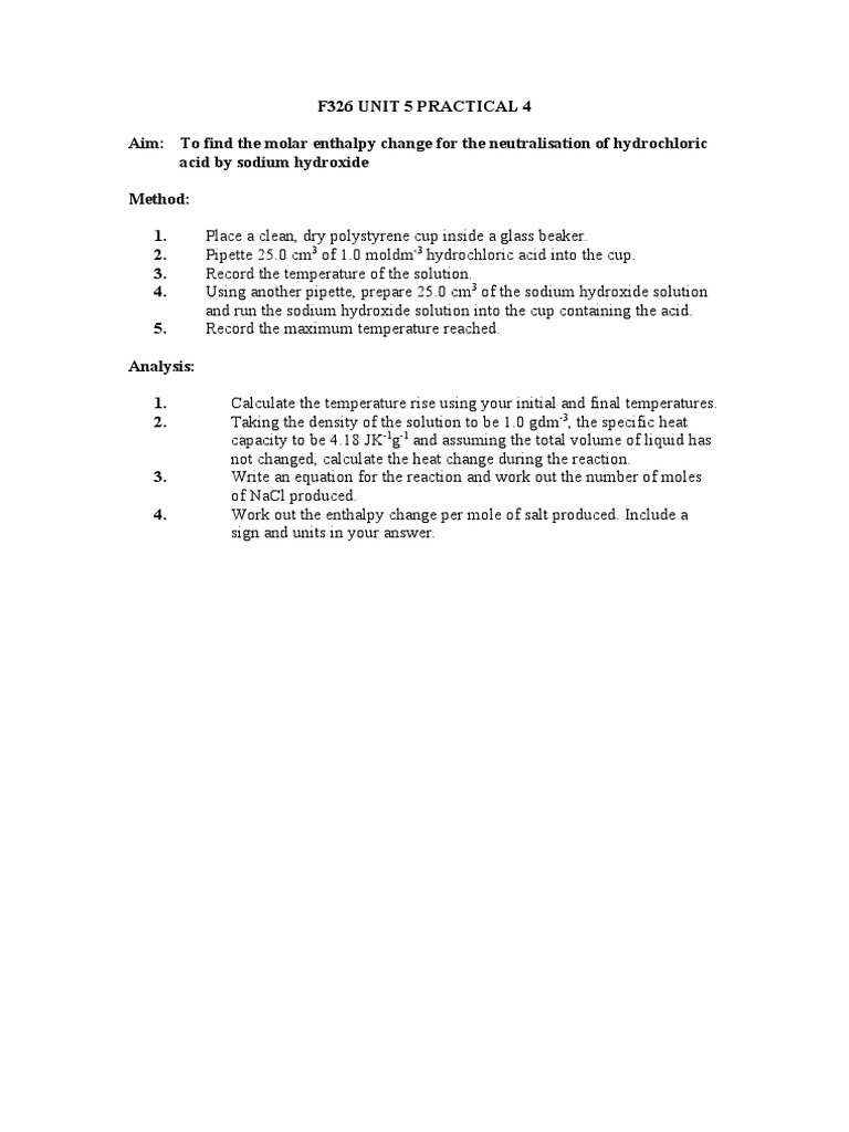 Unit 5 Practical 4 - Enthalpy of Neutralisation | PDF