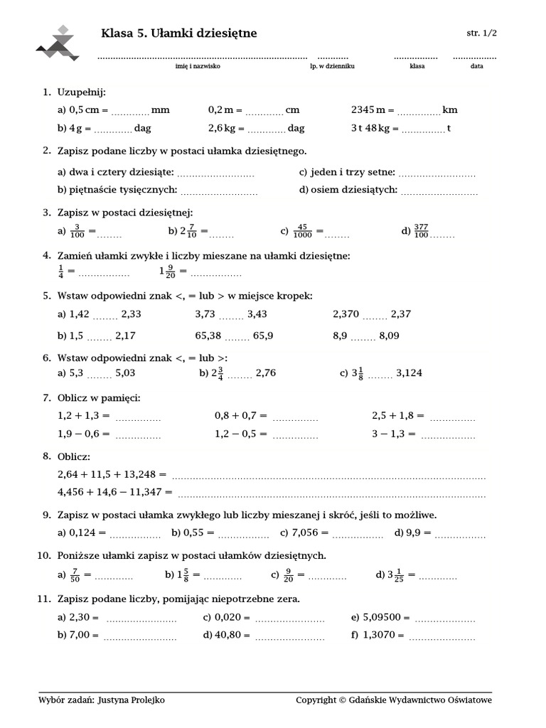Klasa 5. Ułamki Dziesiętne: Imię I Nazwisko Lp. W Dzienniku Klasa Data ...