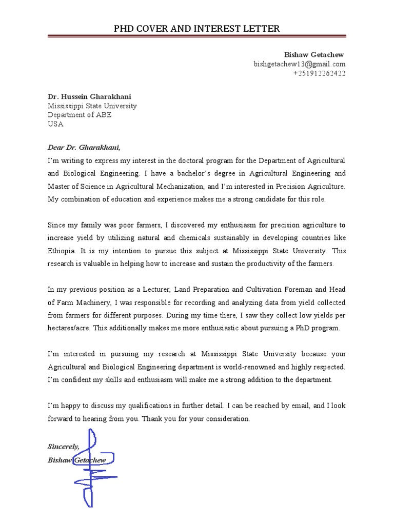PhD Interest Letter for Agricultural Engineering | PDF
