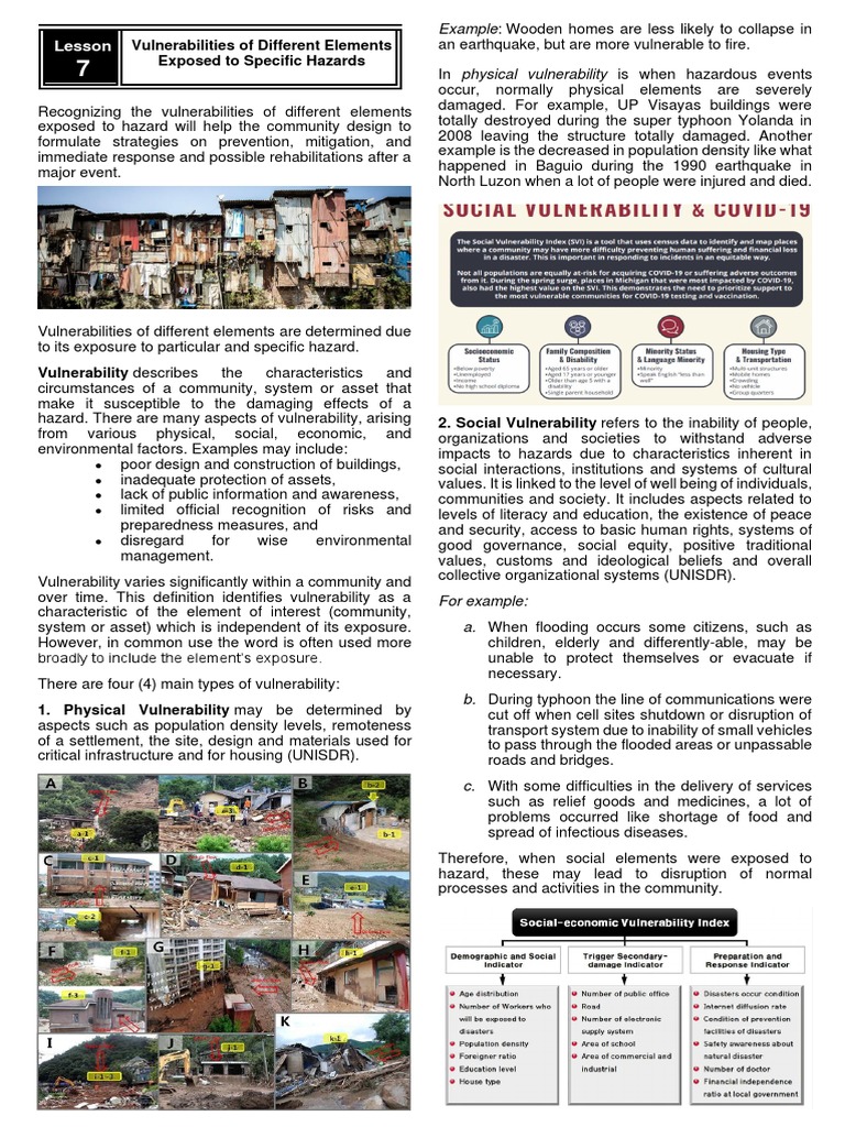 Q3 Lesson 7 Vulnerabilities of Different Elements Exposed To Specific Hazards | PDF | Hazards ...