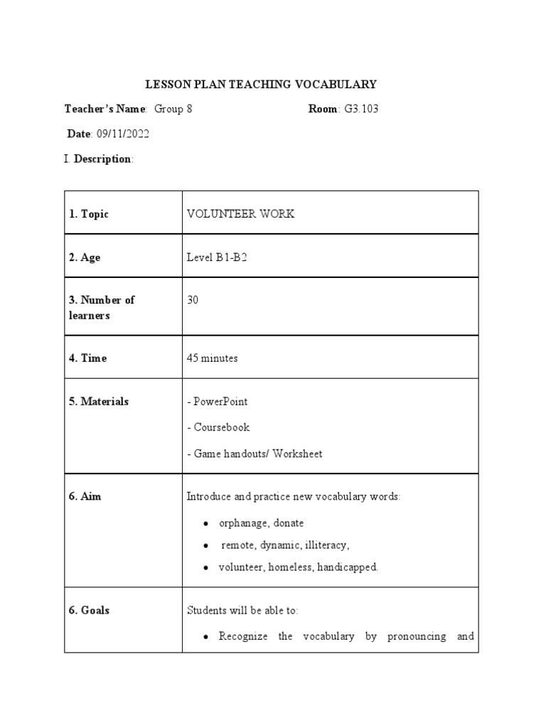 Lesson Plan Vocab Volunteer Work | PDF | Vocabulary | Literacy