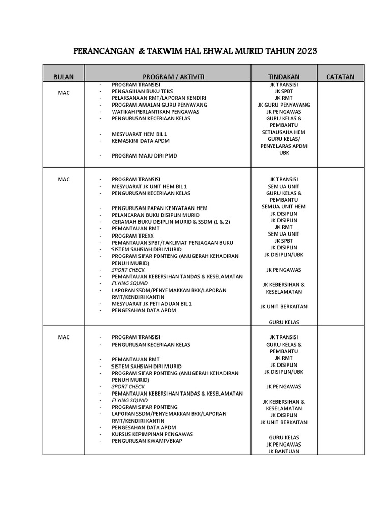 Perancangan Dan Takwim Hal Ehwal Murid Tahun 2023 | PDF