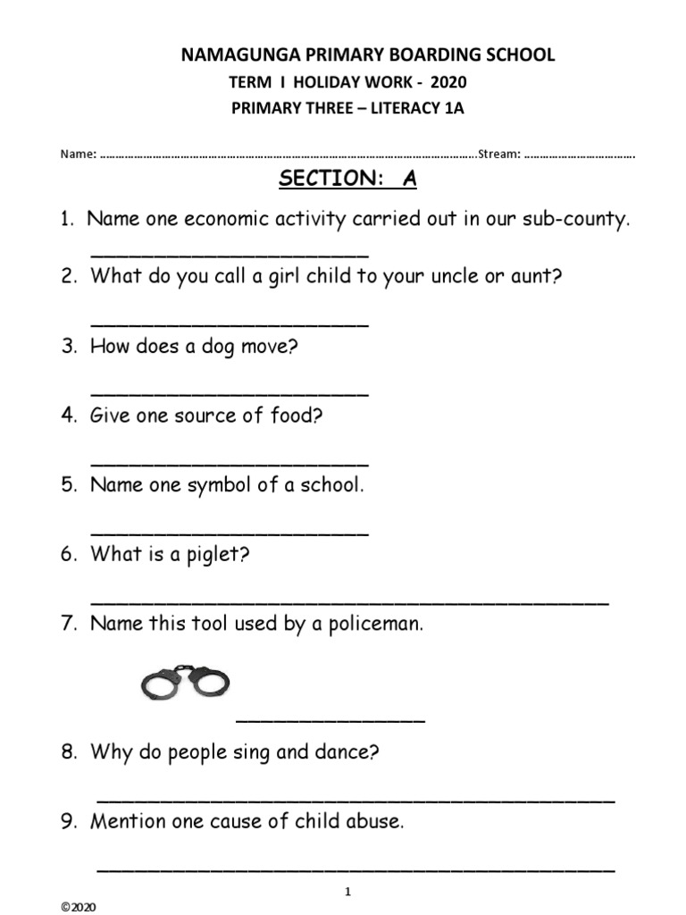 P3 Literacy 1a Holiday Work Namagunga Primary Boarding School PDF | PDF ...